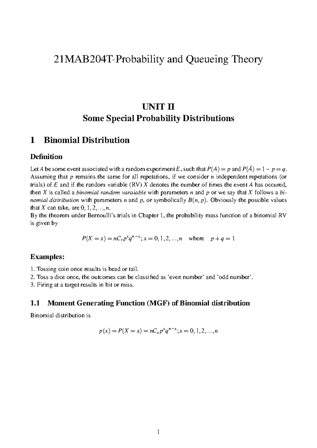 Unit-2 PQT - Unit -2 - 21MAB204T-Probability and Queueing Theory UNIT II Some Special ...
