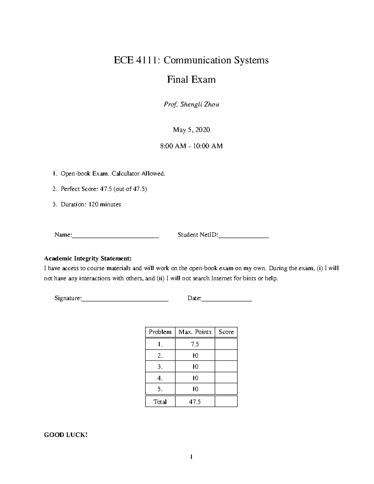 ECE4111 Final Spr2020 - ECE 4111: Communication Systems Final Exam Prof ...