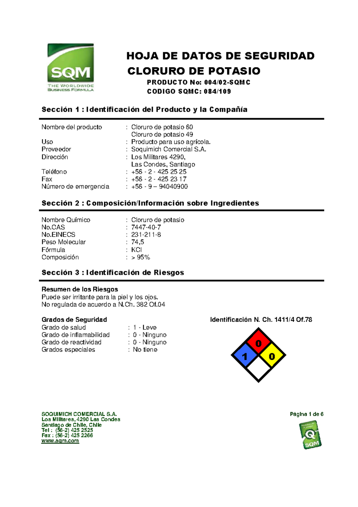HDS KCl - hds - HOJA DE DATOS DE SEGURIDAD CLORURO DE POTASIO PRODUCTO ...