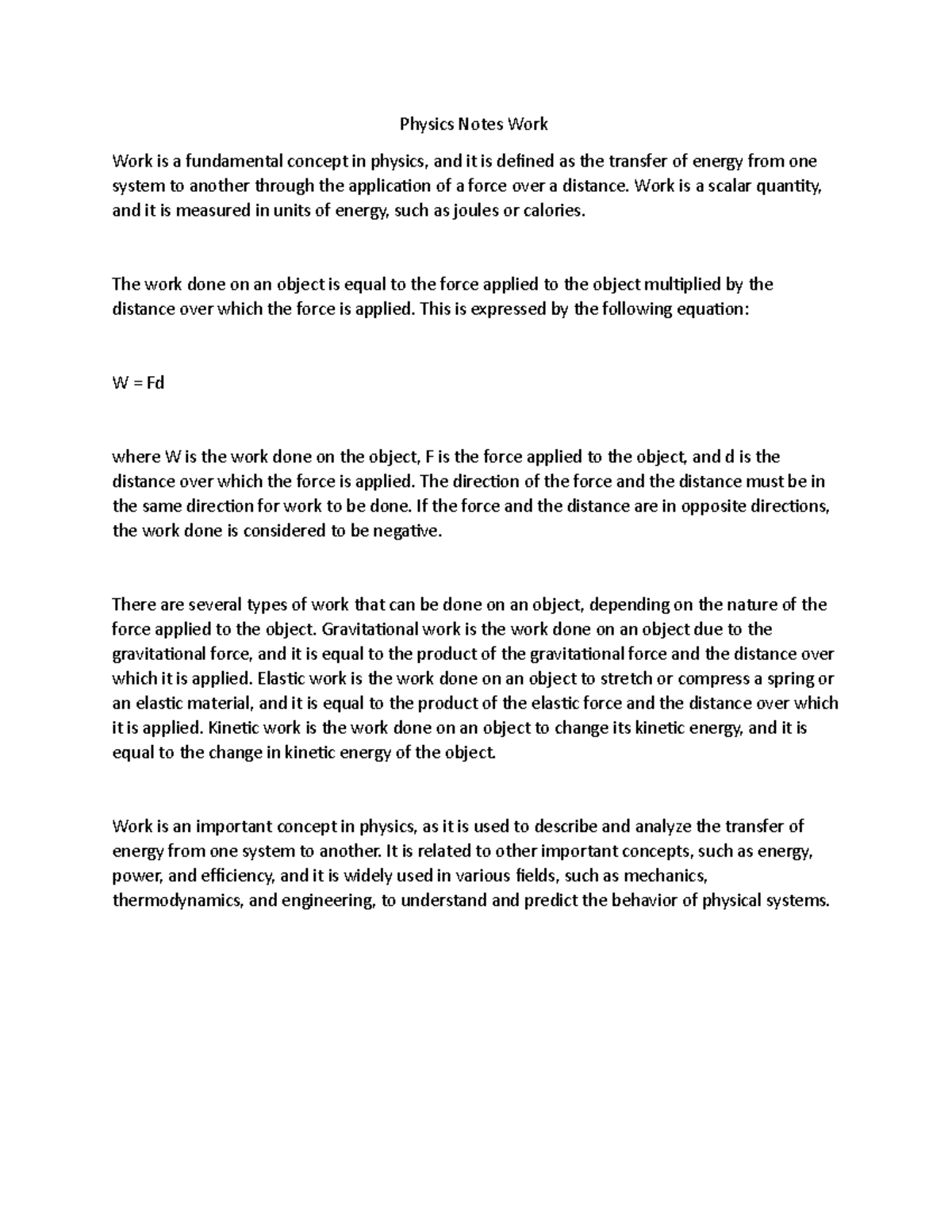 Physics Notes Work - Work - Physics Notes Work Work is a fundamental ...