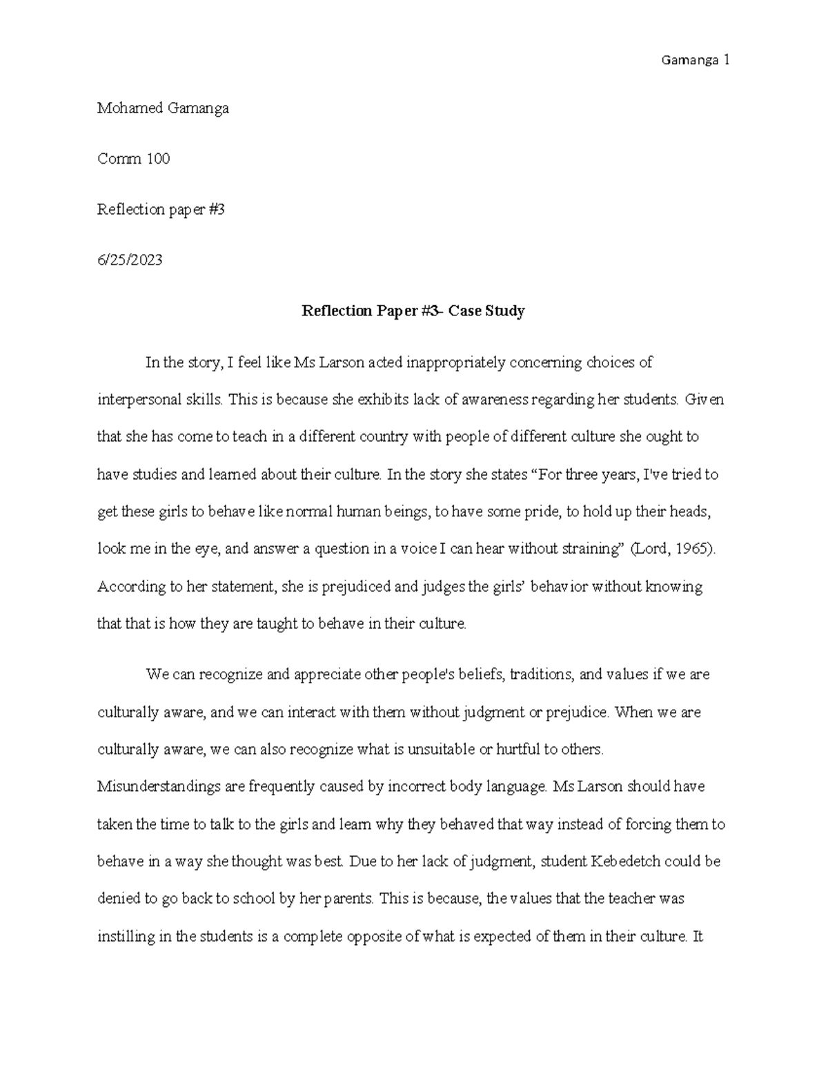 Reflection paper - Gamanga 1 Mohamed Gamanga Comm 100 Reflection paper ...
