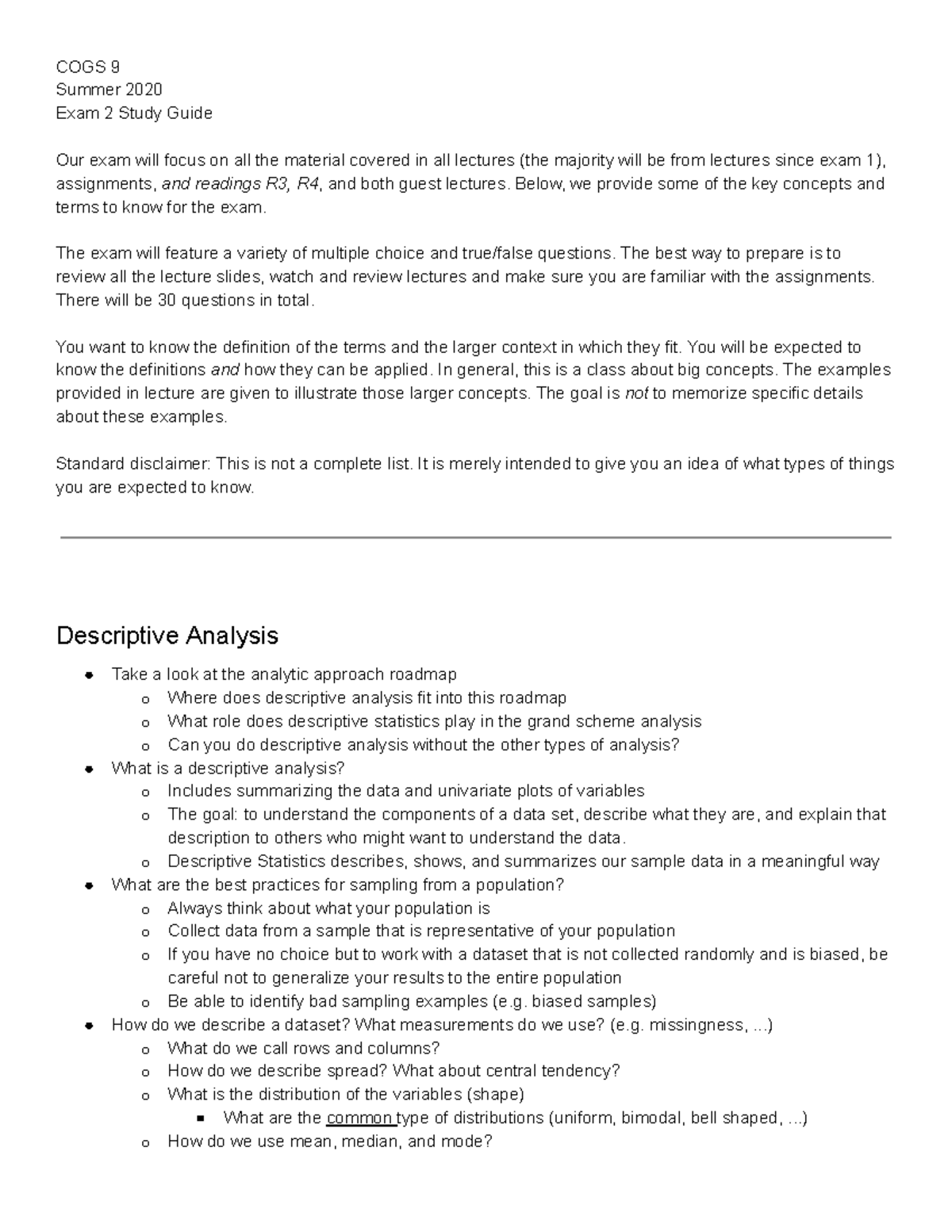 Exam 2 Study Guide.docx - Google Docs - COGS 9 Summer 2020 Exam 2 Study Guide Our exam will ...