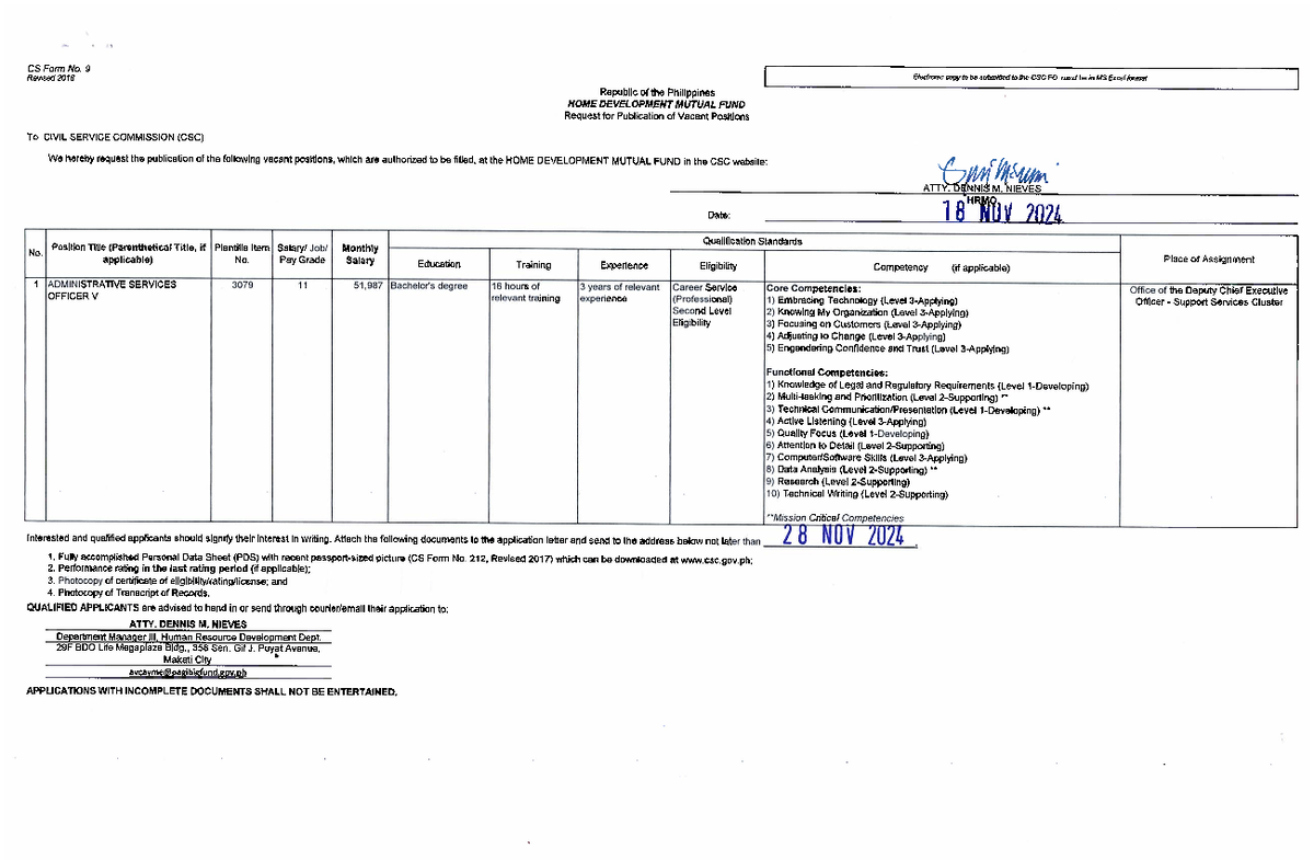 Notice OF Vacancy 2024-297 - CS Form No. 9 Revised 2018 Electronic copy ...