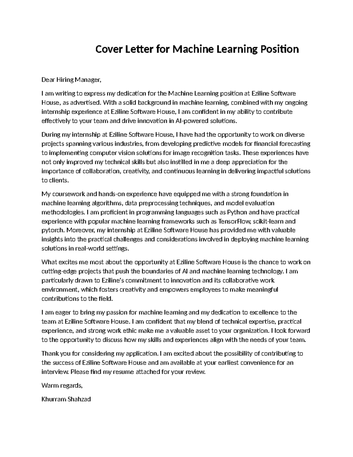 Cover Letter for Machine Learning Position - With a solid background in ...