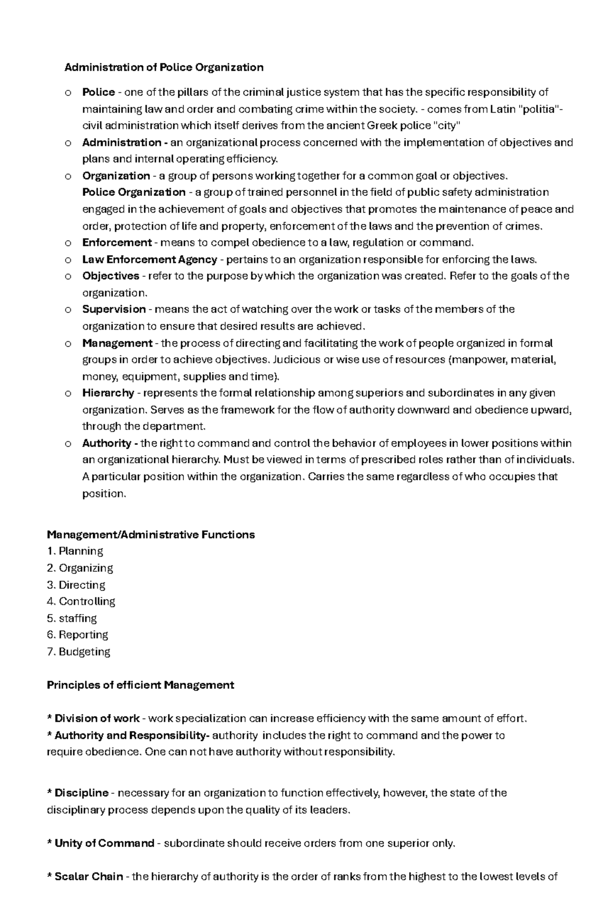 Administration of Police Organization - comes from Latin "politia ...