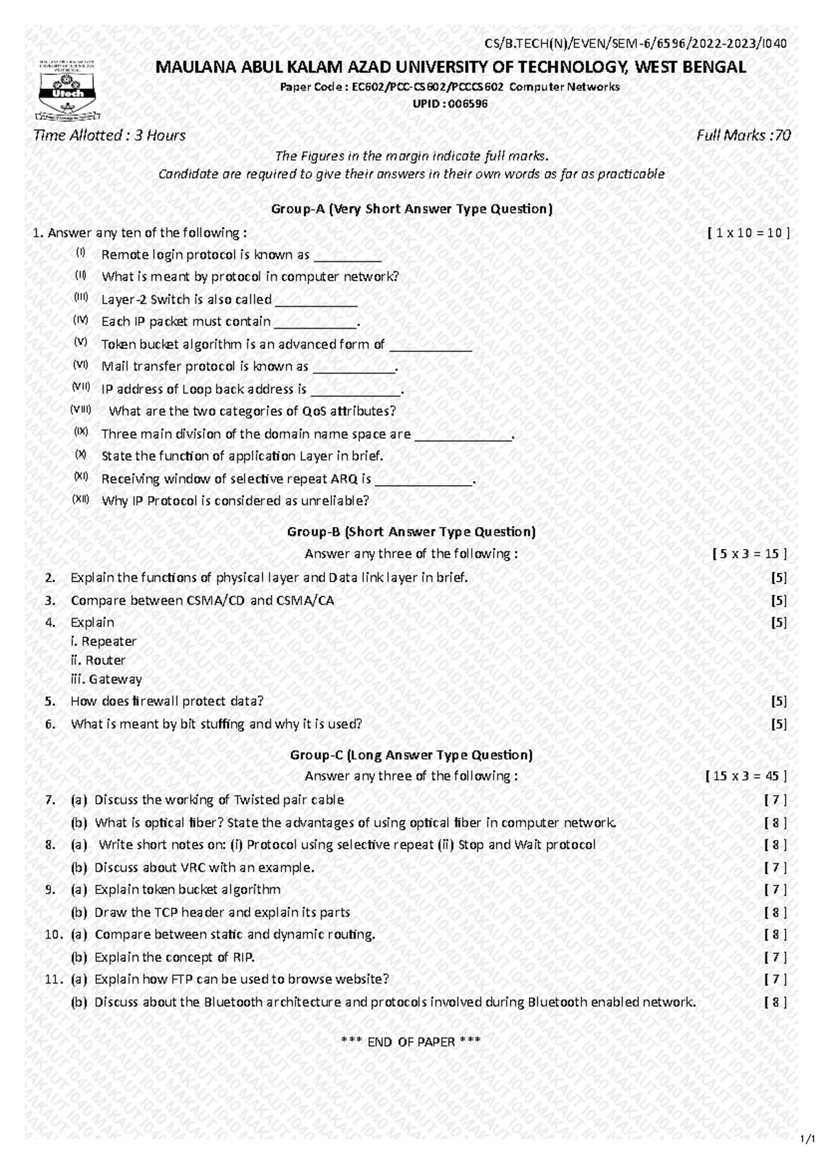 Computer Networks - old question paper - 1/ CS/B(N)/EVEN/SEM-6/6596 ...