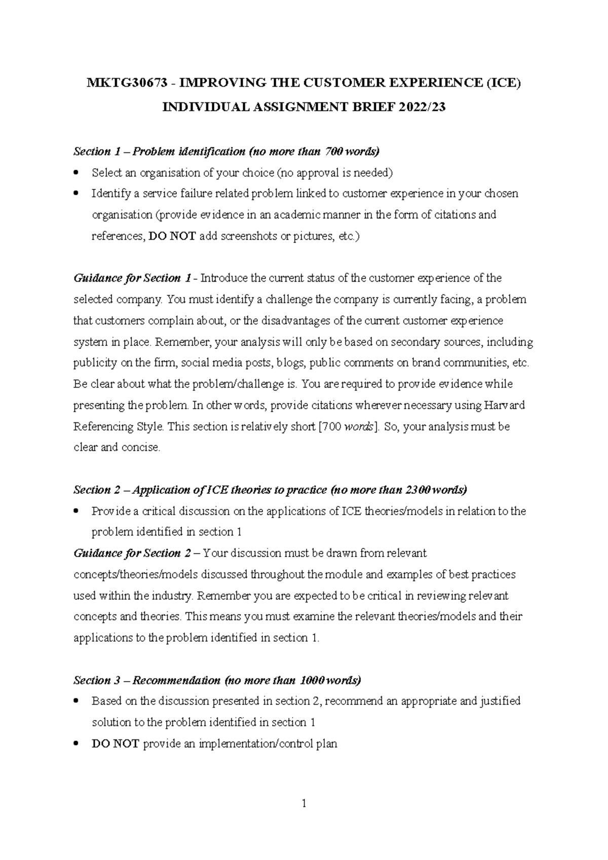 Final ICE Assignment Brief 2022-23 - MKTG30673 - IMPROVING THE CUSTOMER ...
