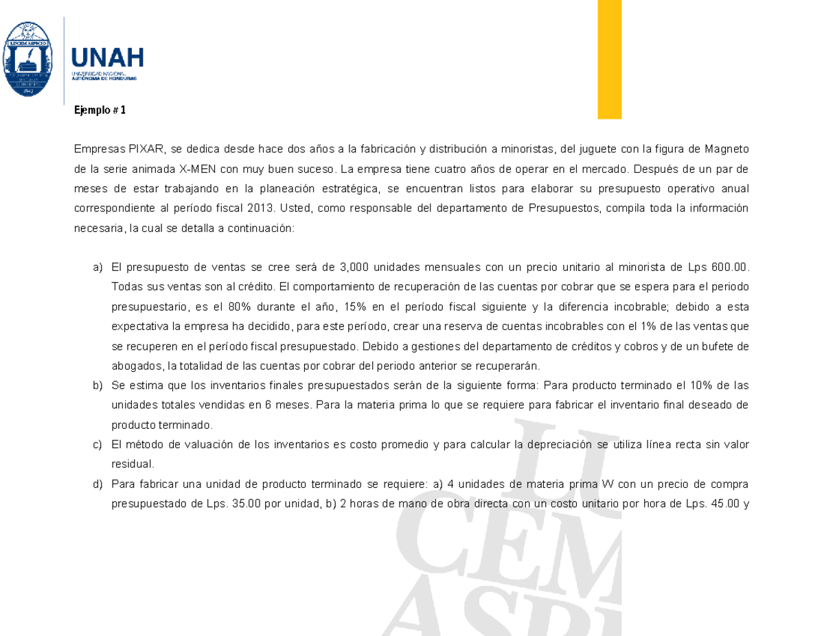 GI U3 T1 Ejemplo - EJERCICIOS - Ejemplo # 1 Empresas PIXAR, se dedica desde hace dos años a la ...