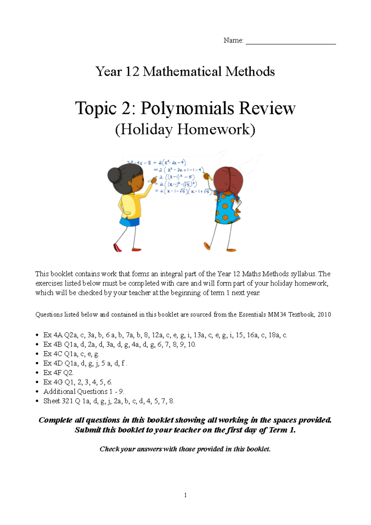 Topic 2 Polynomials Review Booklet 2024 (Holiday Homework) - Name