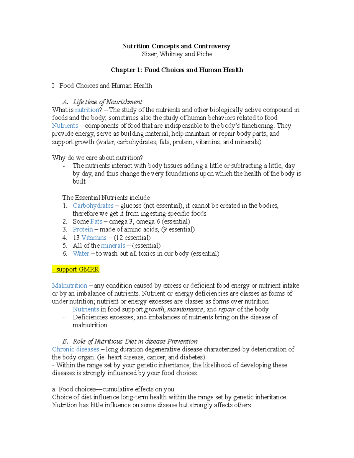 BIO 103 - Chapter 1 Outline - Nutrition Concepts and Controversy Sizer ...
