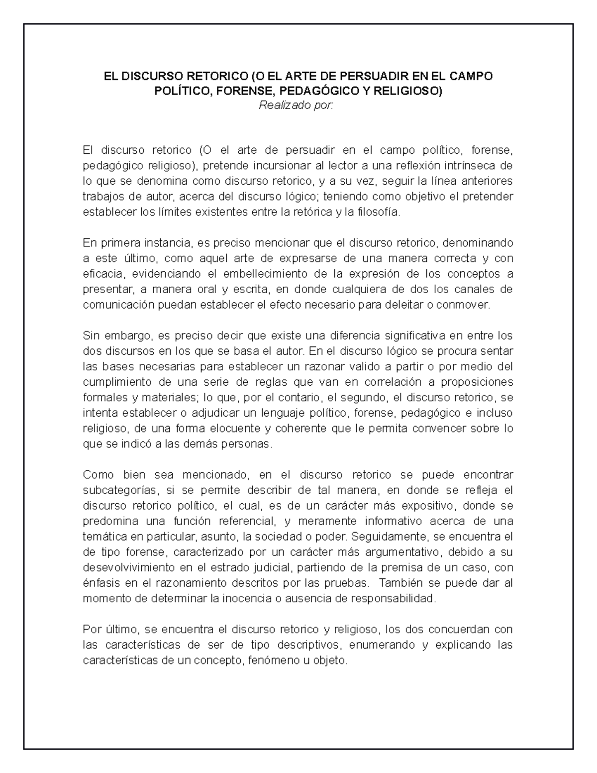 EL Discurso Retorico - Resumen - EL DISCURSO RETORICO (O EL ARTE DE ...