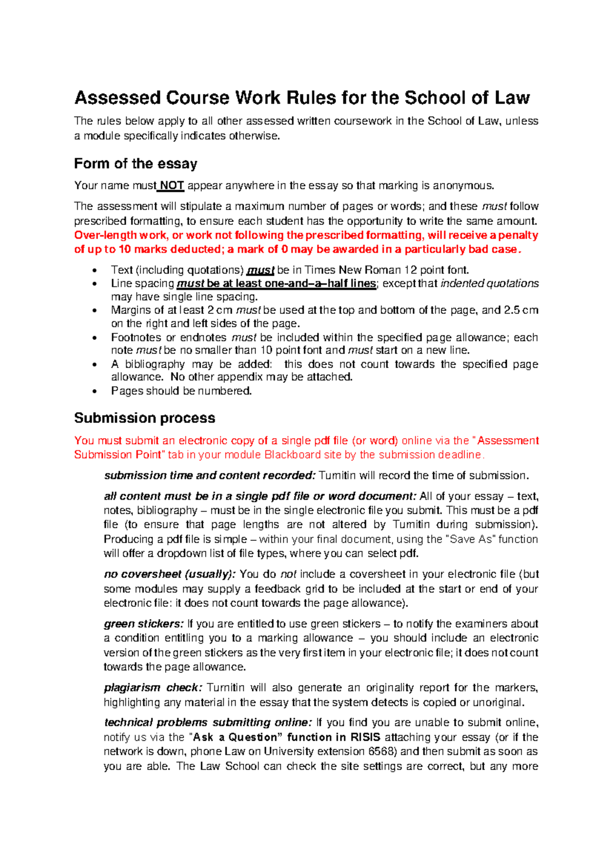Assessed Course Work Rules for the School of Law - Form of the essay ...