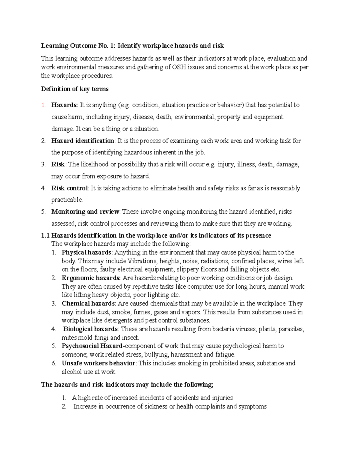 OSHP Summary notes - Learning Outcome No. 1: Identify workplace hazards ...