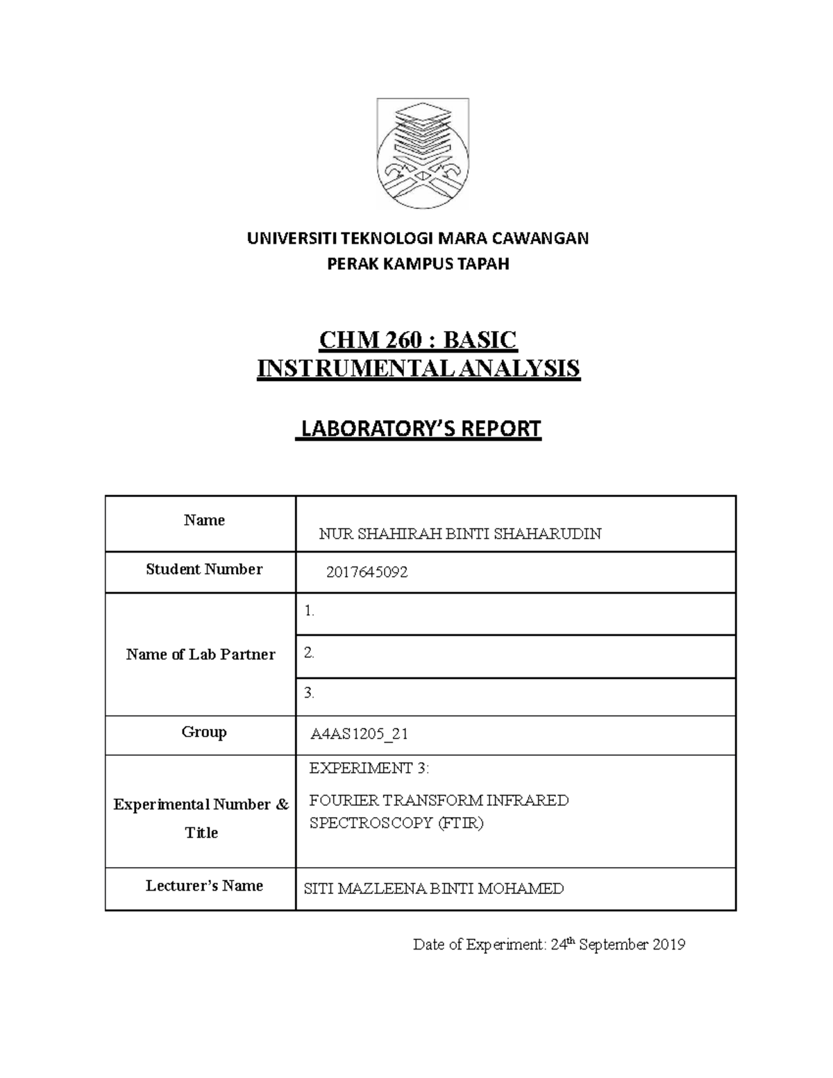 Exp 3 lab report chm 260 - UNIVERSITI TEKNOLOGI MARA CAWANGAN PERAK ...