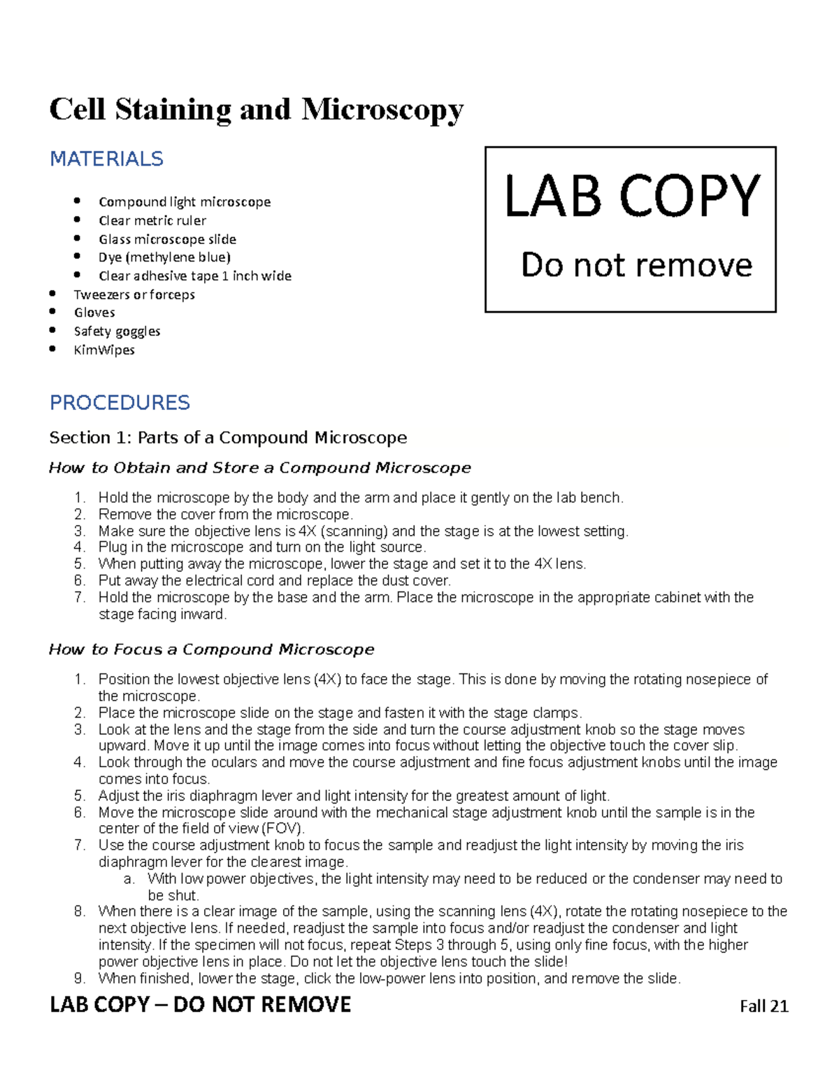 Cell Staining and Microscopy Lab Procedure - Cell Staining and ...