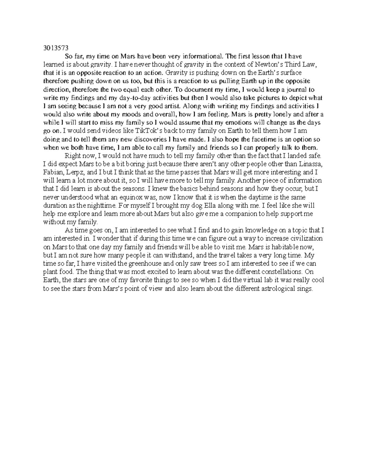 3013573 Astro 7N Unit 1 Reflection - 3013573 So far, my time on Mars ...