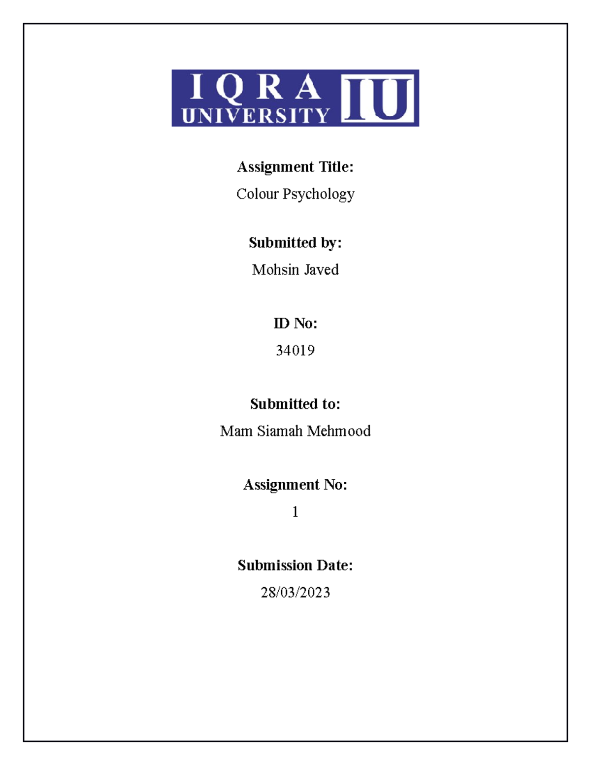 Psychology A 1 sub - Assignment Title: Colour Psychology Submitted by ...
