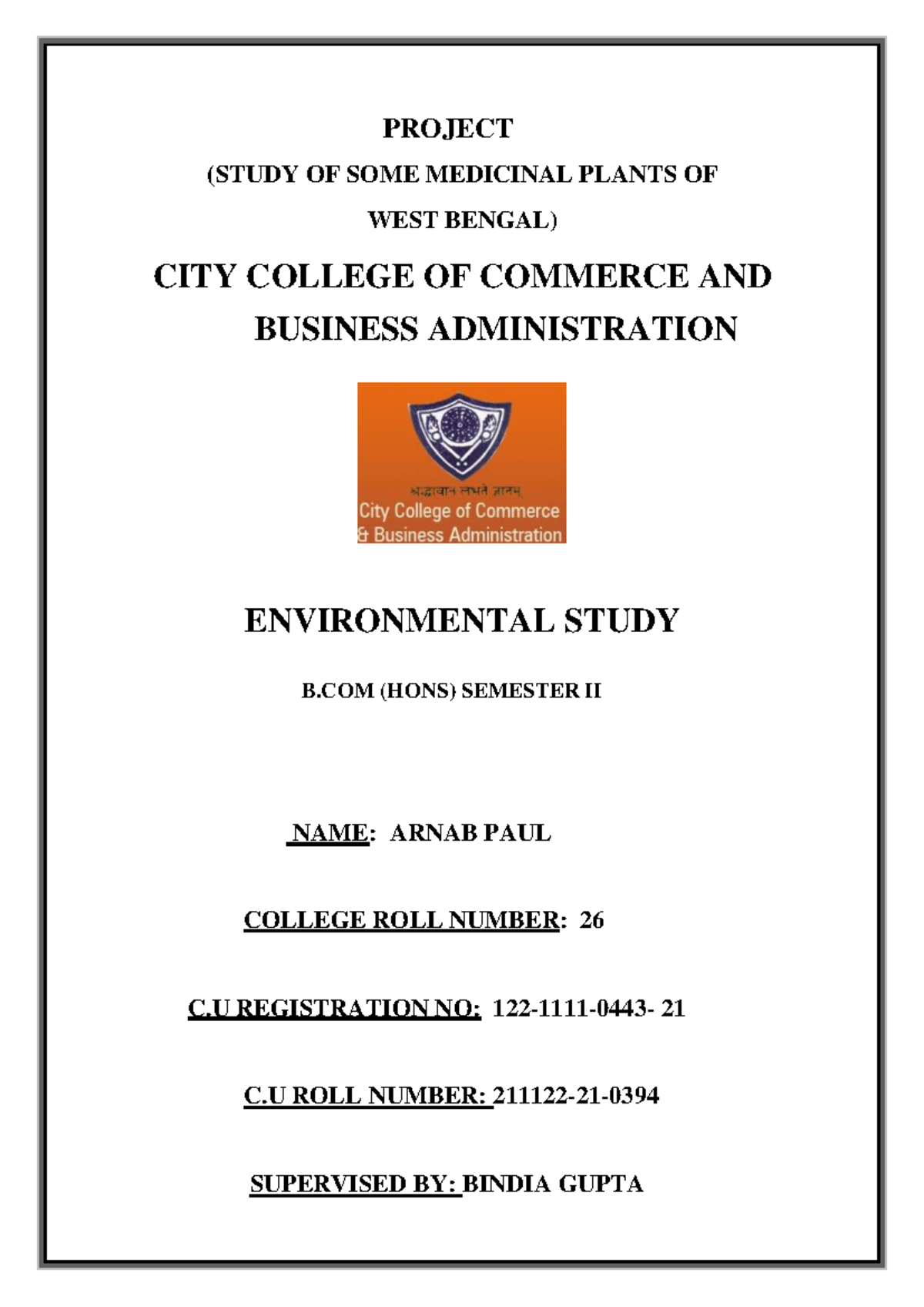 ENVS Project 2021 - PROJECT (STUDY OF SOME MEDICINAL PLANTS OF WEST ...