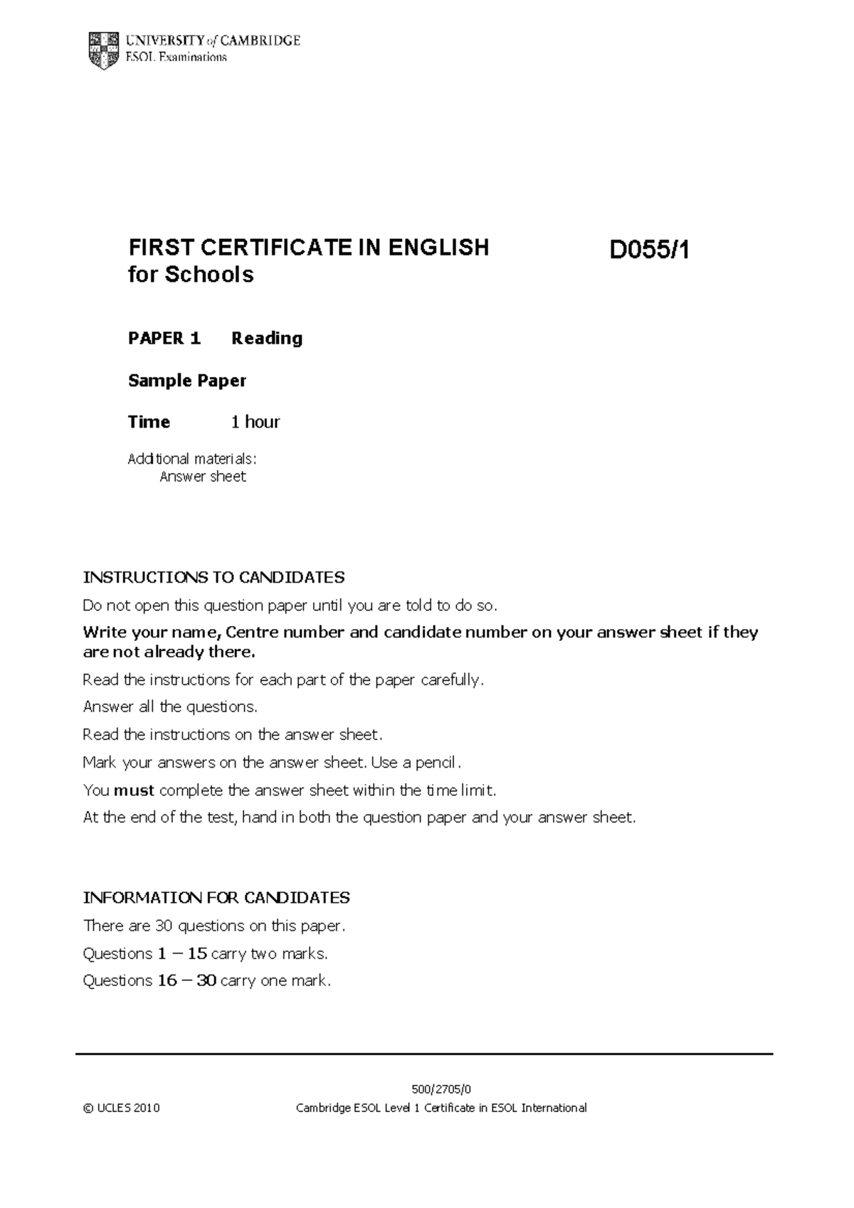 First for Schools Sample Reading Paper - FIRST CERTIFICATE IN ENGLISH ...