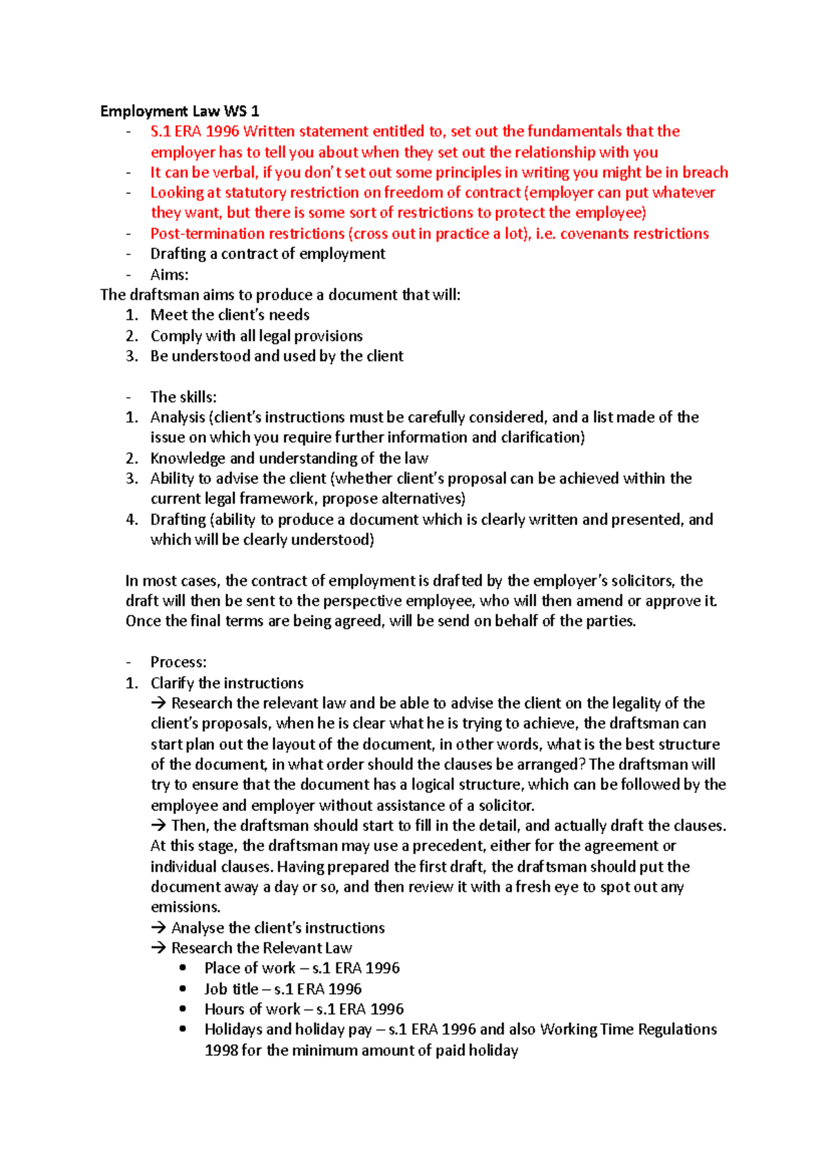 WS 1 - The Employment Relationship - Employment Law WS 1 - S ERA 1996 ...