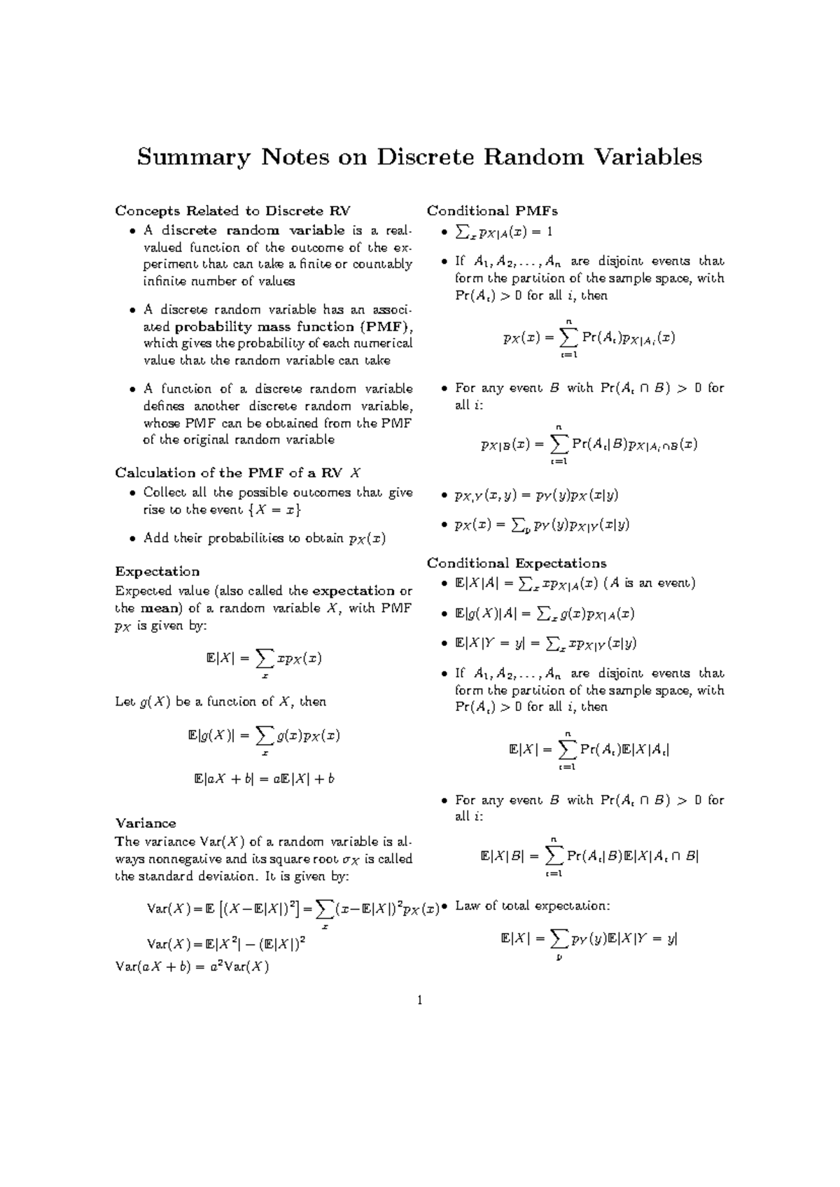 Discrete rv - Summary Analytical Methods in Electrical and Computer ...
