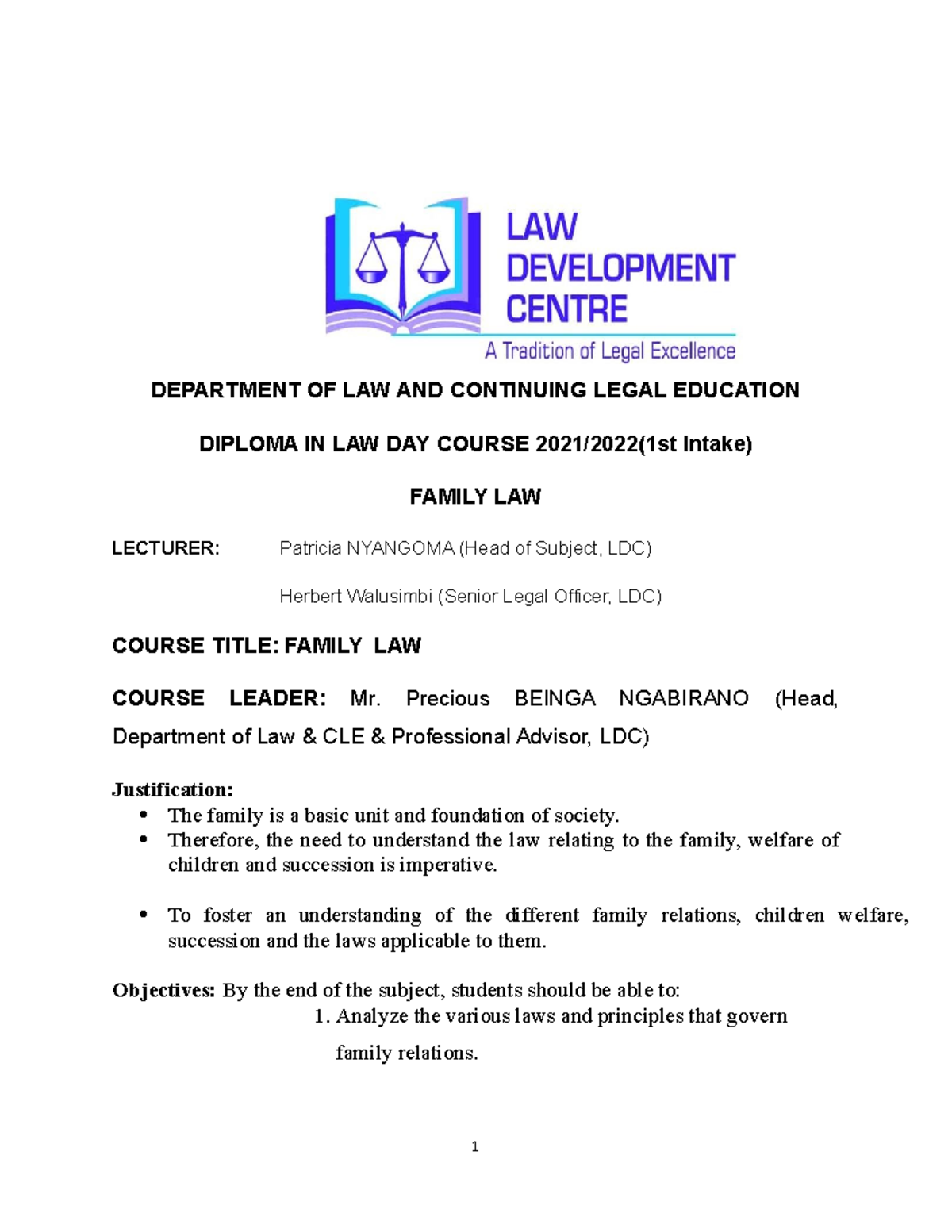Family LAW ONE - DEPARTMENT OF LAW AND CONTINUING LEGAL EDUCATION ...