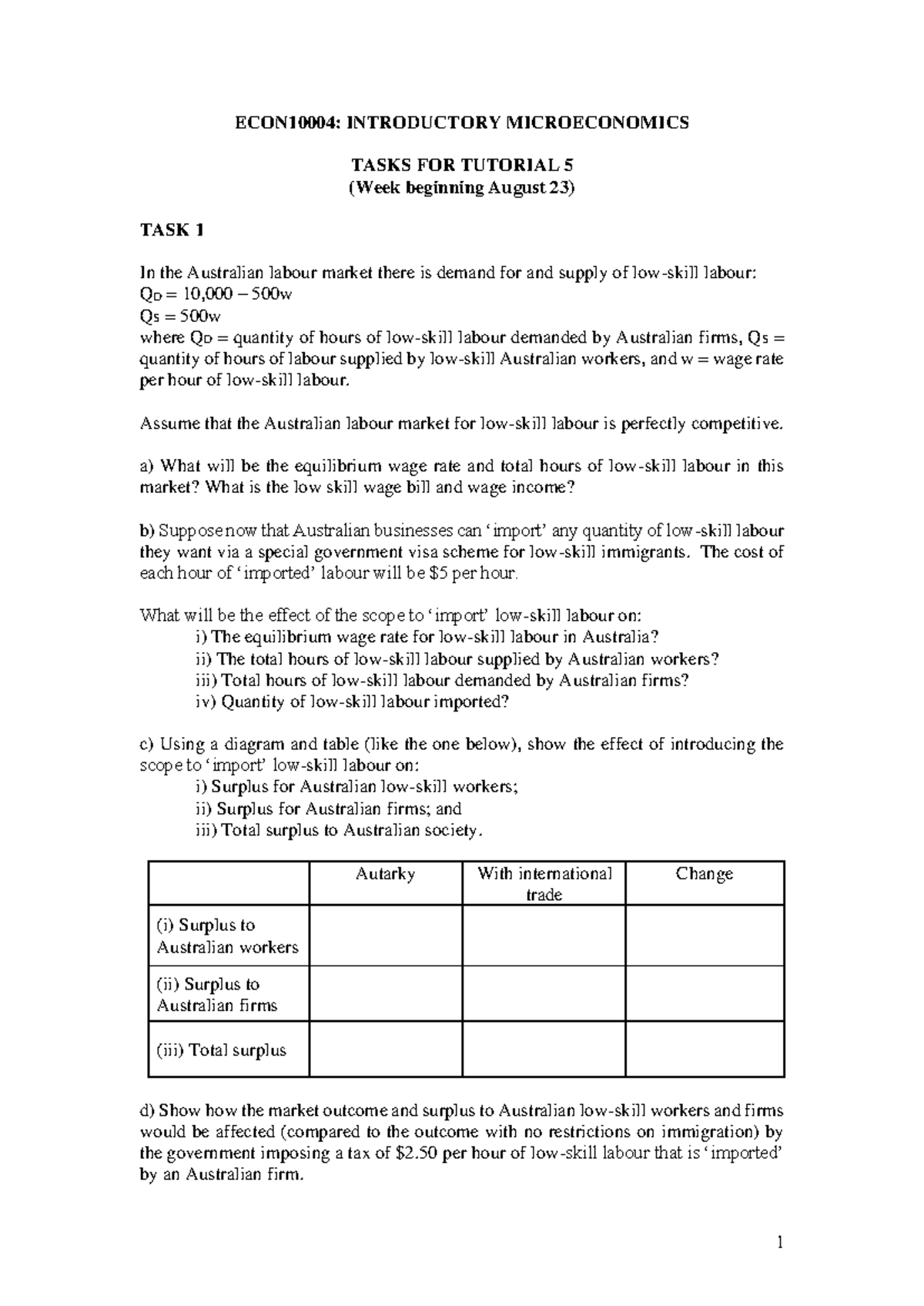 Week 5 In-Tutorial Tasks 2021 S2 - 1 ECON10004: INTRODUCTORY MICROECONOMICS TASKS FOR TUTORIAL 5 ...