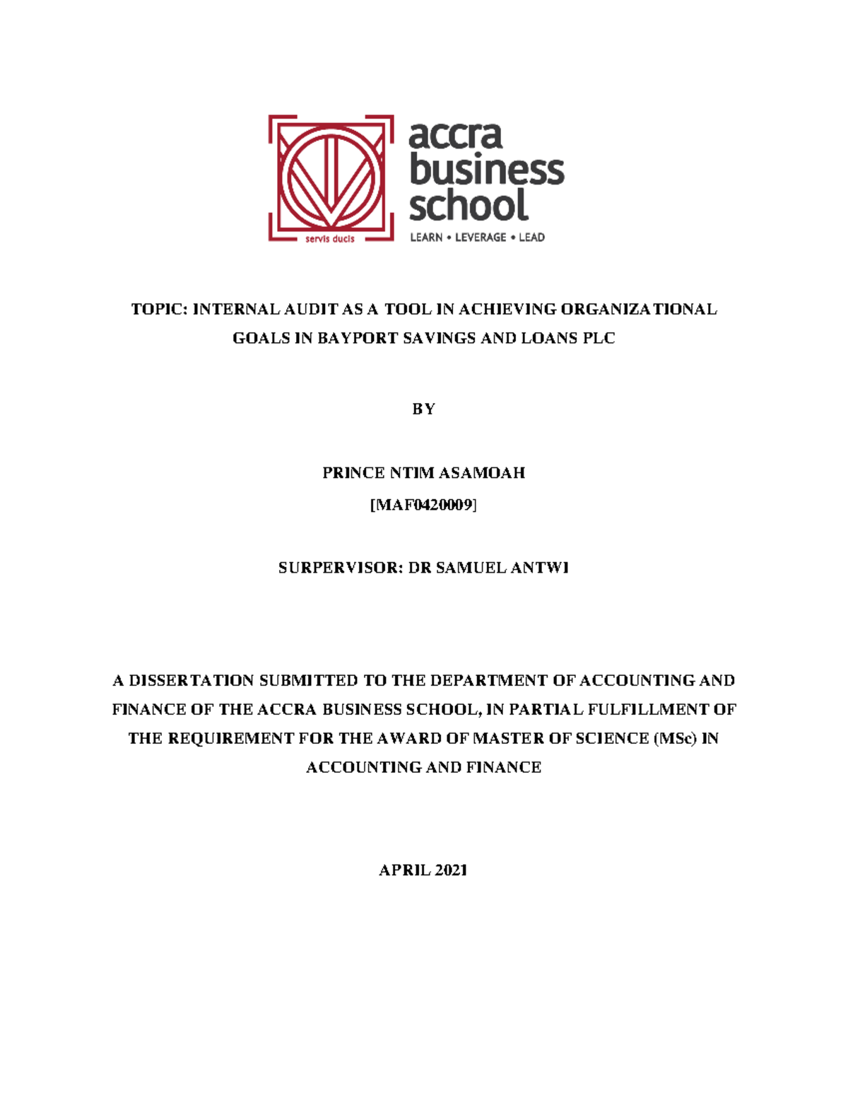 Prince Ntim Asamoah Thesis Accra Business School - TOPIC: INTERNAL ...