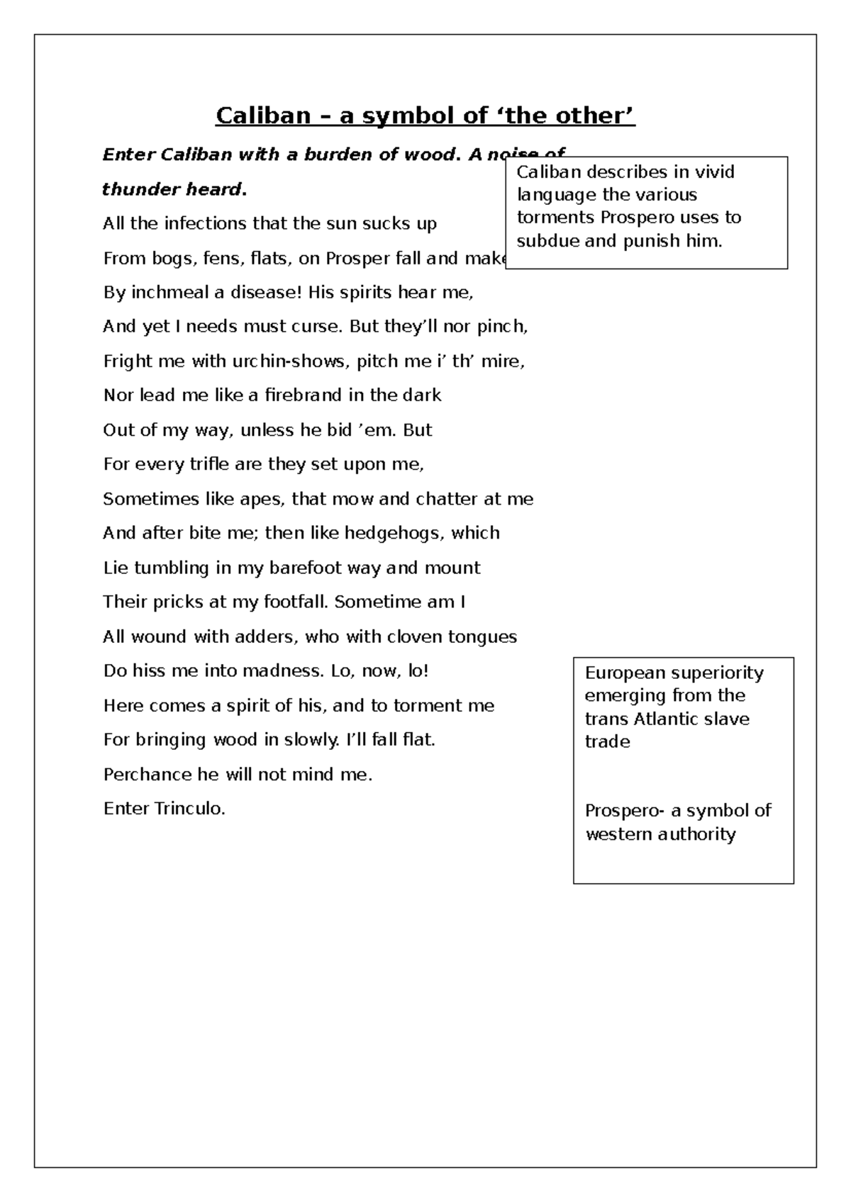 Caliban - Module A notes - Caliban – a symbol of ‘the other’ Enter ...