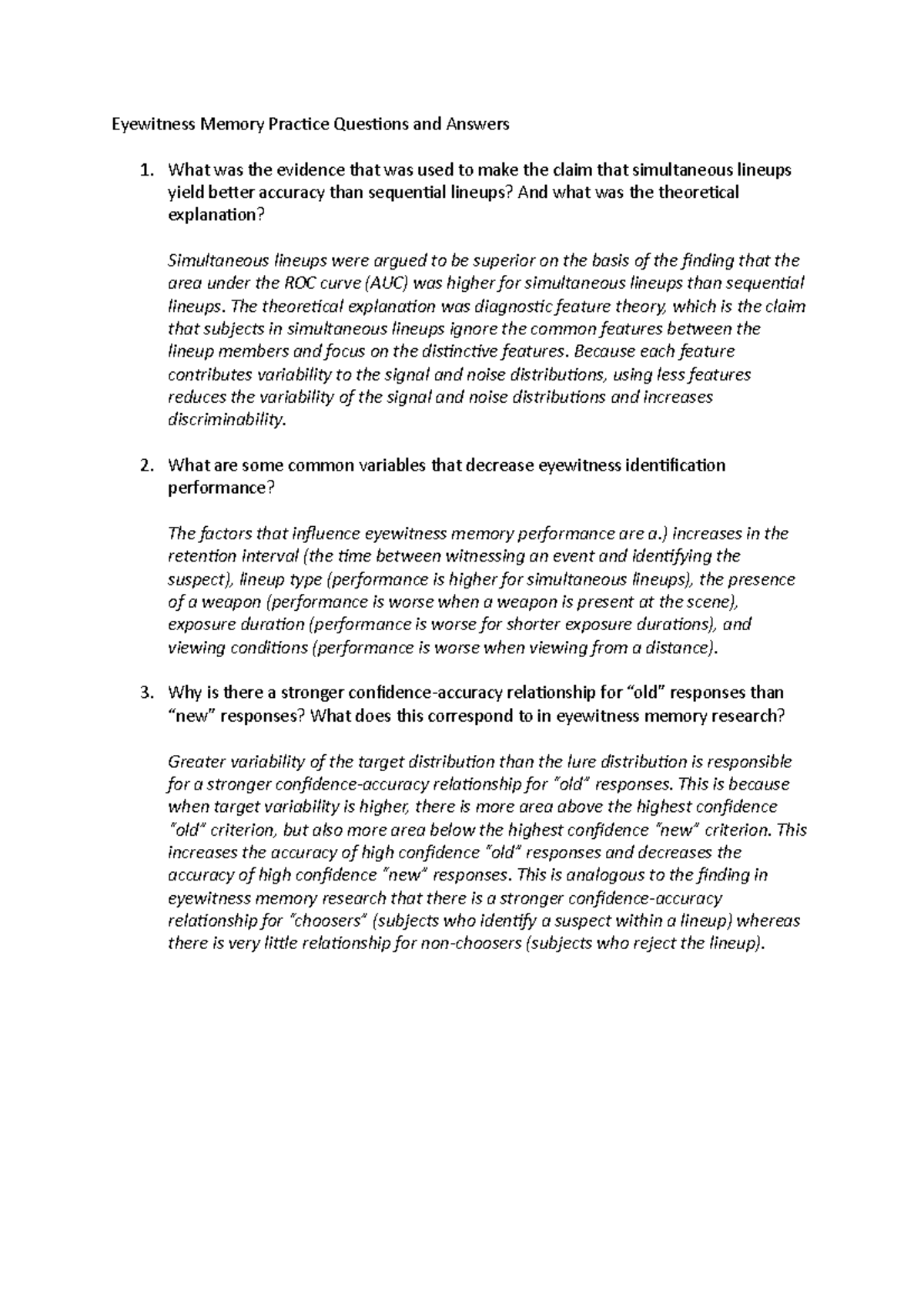Eyewitness Memory Practice Questions and Answers - The theoretical ...