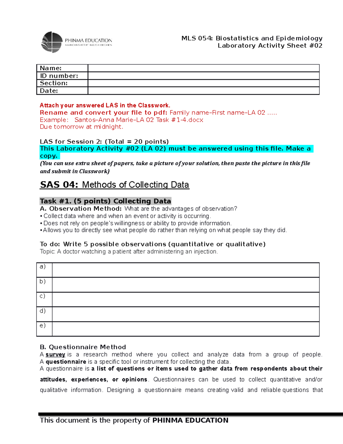 LA 02 - MLS 054 for SAS 04-05-06 version 2 - Laboratory Activity Sheet # Name: ID number ...