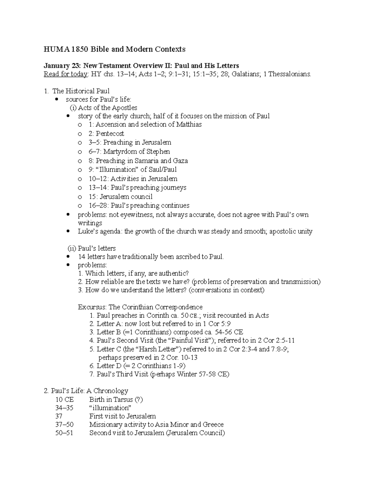 HUMA 1850 2022 15 Paul Lecture Outline - HUMA 1850 Bible and Modern ...