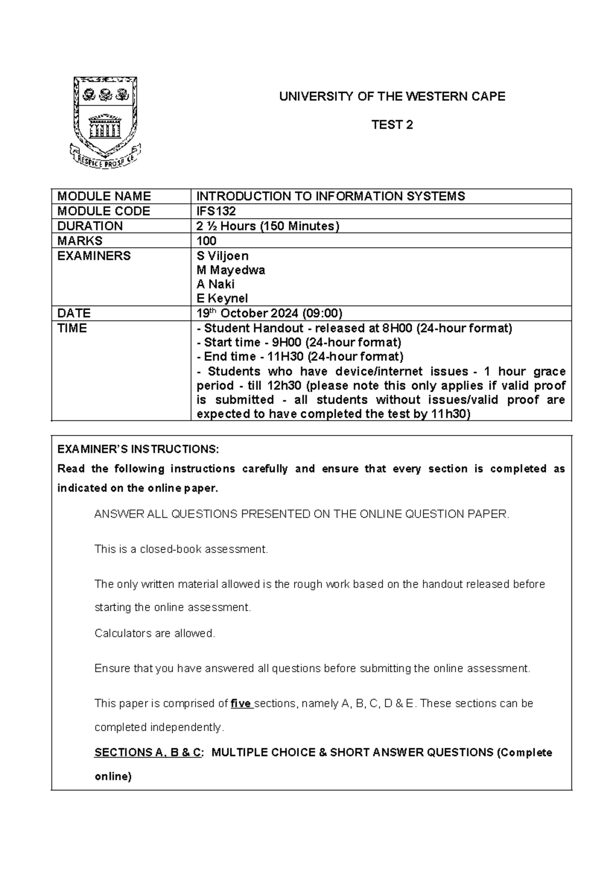 TEST 2 - Student Handout - 19 October 2024 - UNIVERSITY OF THE WESTERN ...
