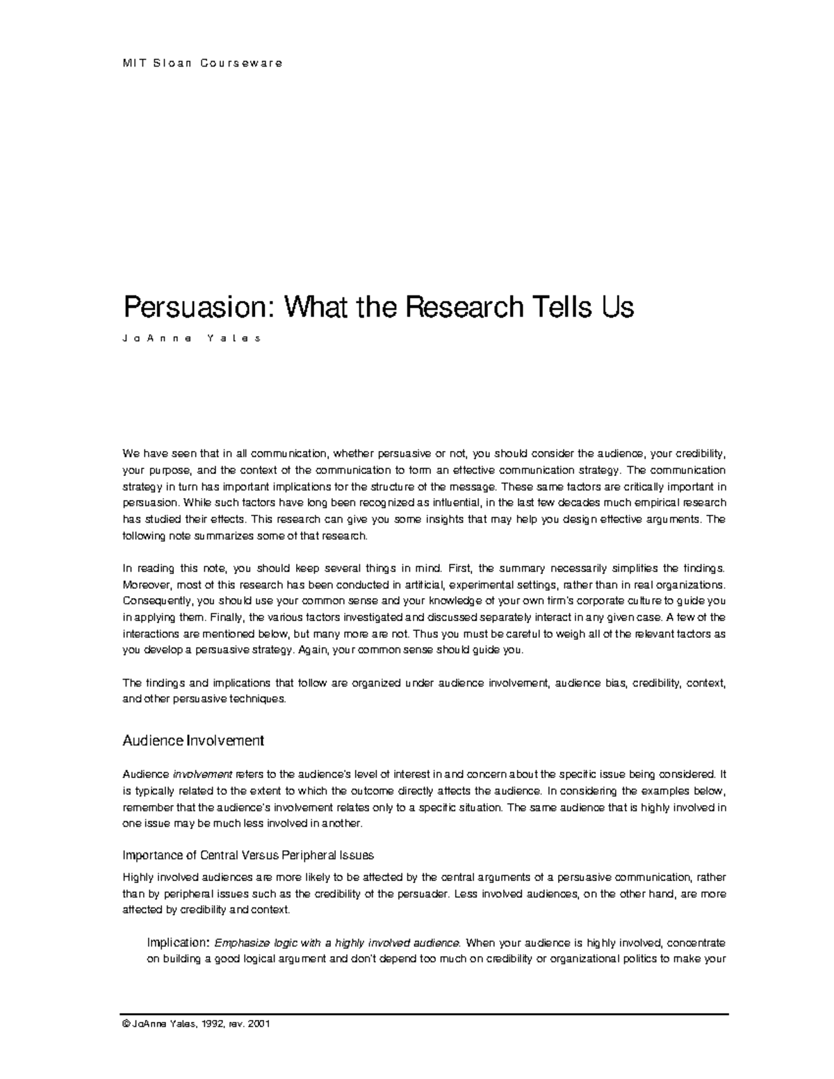 Teaching Note Persuasion What Research Tells Us - M I T S l o a n C o u r s e w a r e Persuasion ...