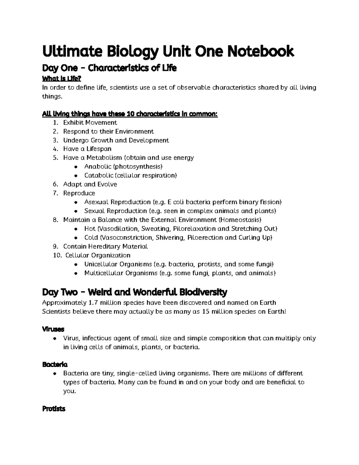 Ultimate Biology Unit One Notebook - All living things have these 10 ...