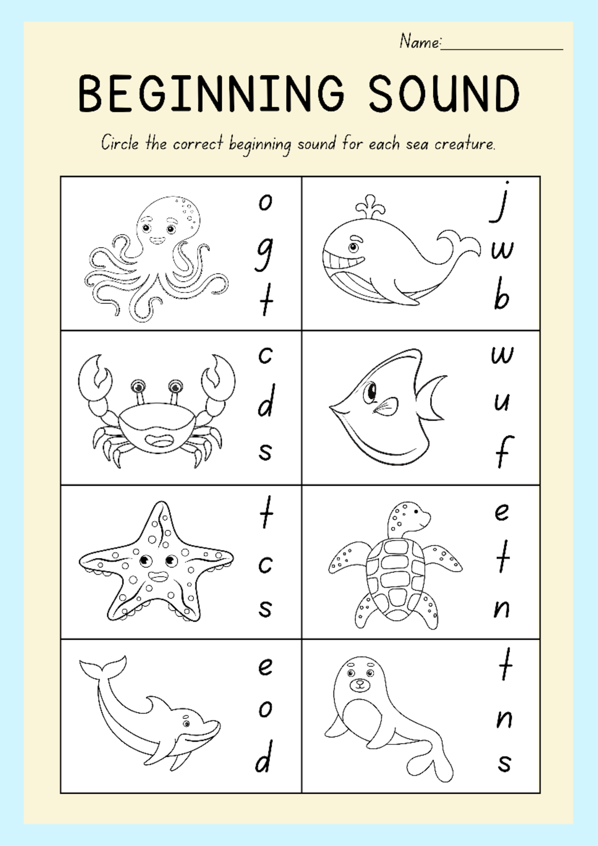 Underwater Creatures Beginning Sound Worksheet - Kindergarten - Name ...