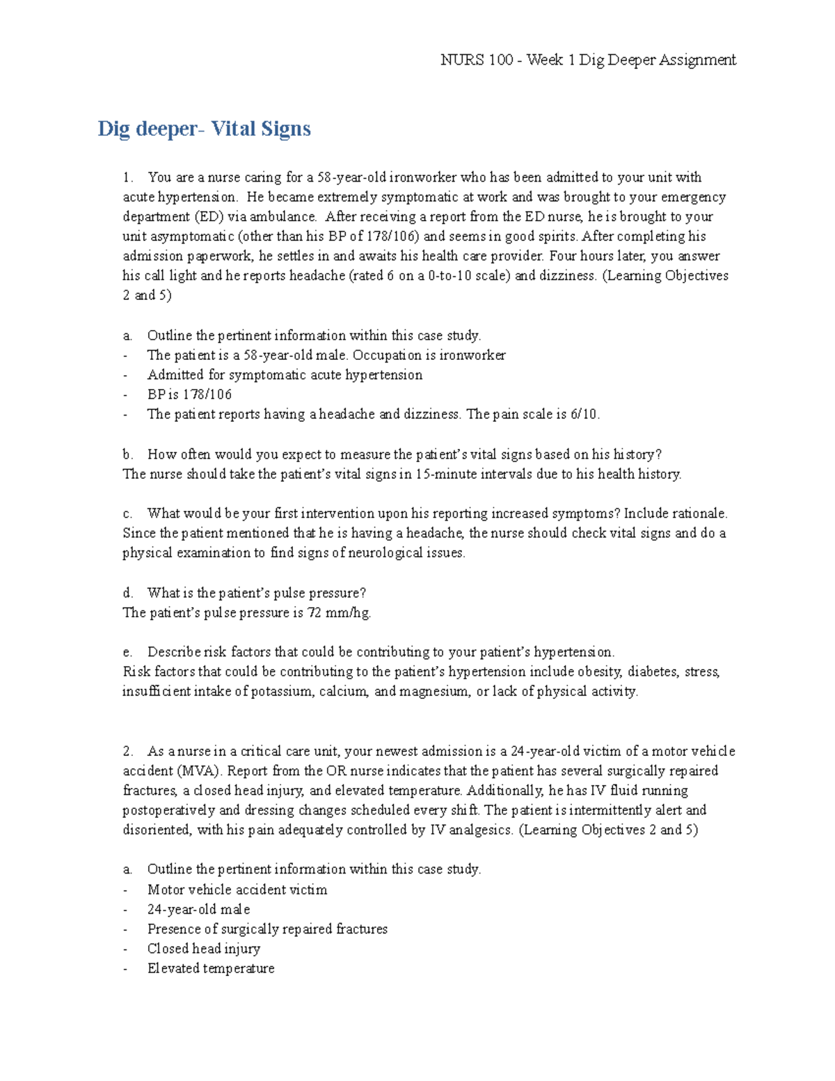Week 1 DD - Vital Signs - Week 1 Dig Deeper Assignment for Fundamentals ...