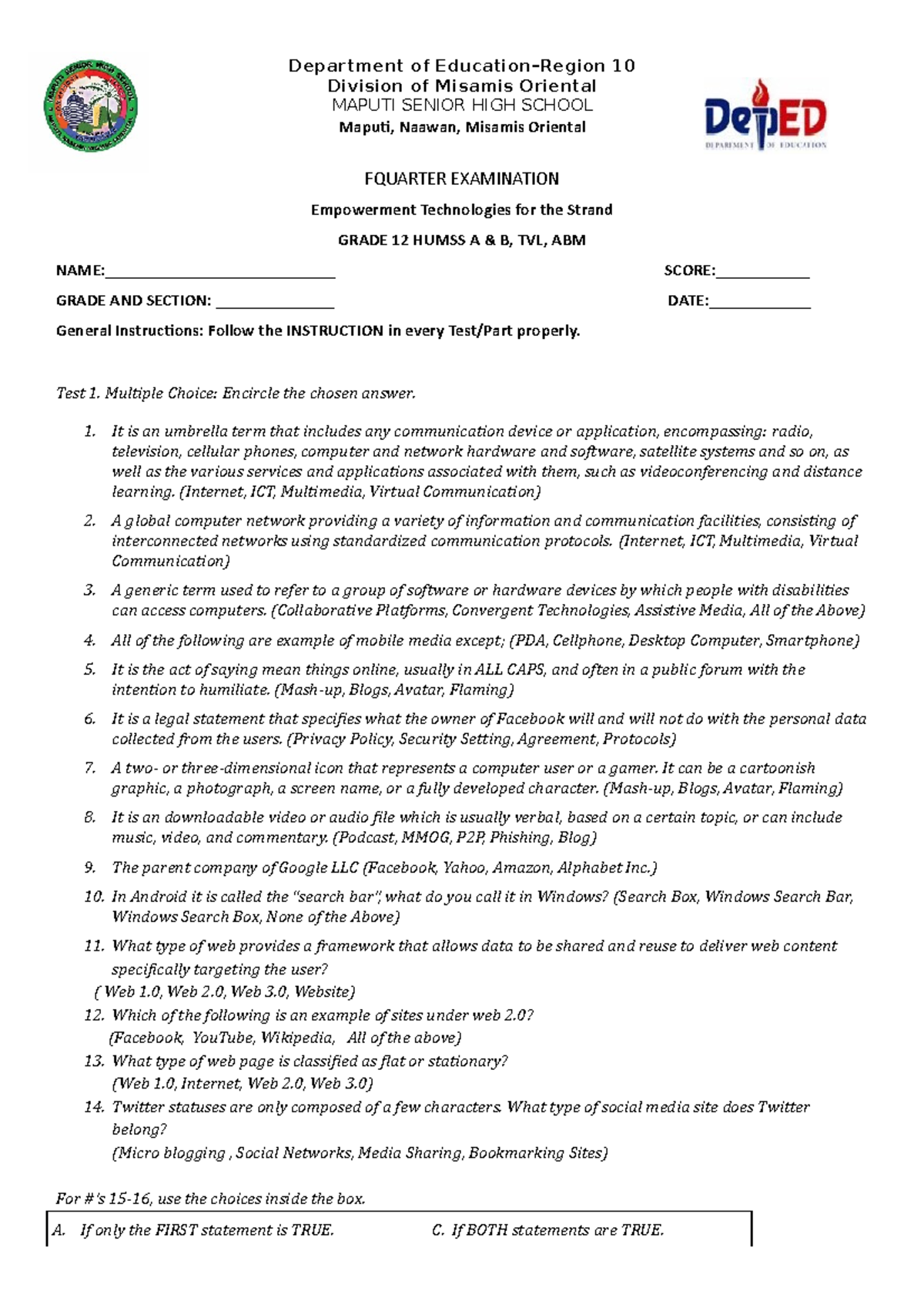 Periodical Exam (First Quarter) - Department of Education–Region 10 ...