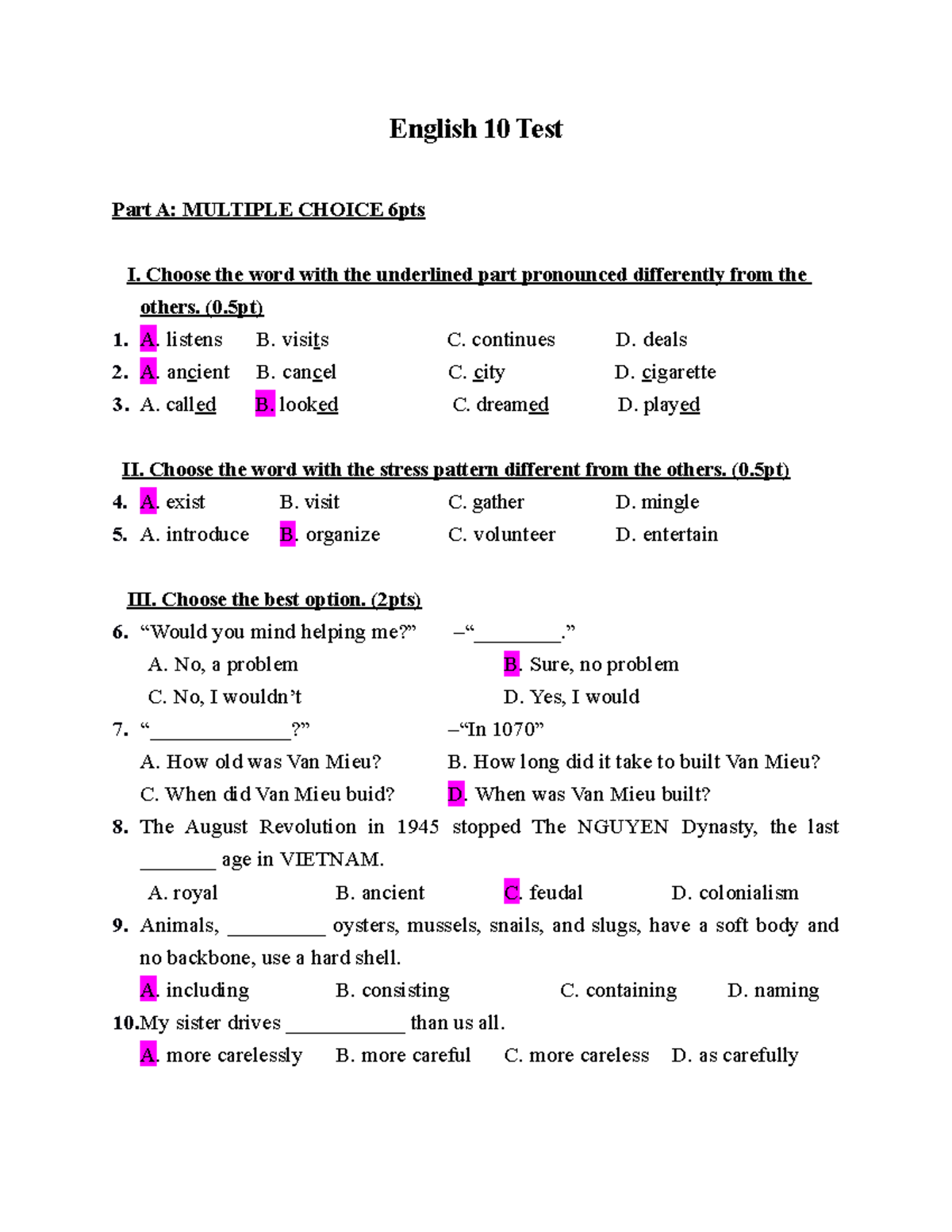 English 10 final test for high school student. - English 10 Test Part A ...