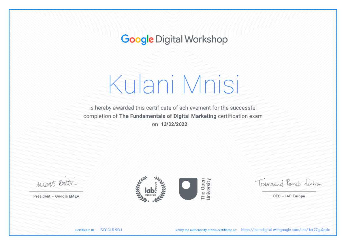 Certificate 2 - Lol - Google Digital Workshop Kulani Mnisi is here awarded this certificate of ...