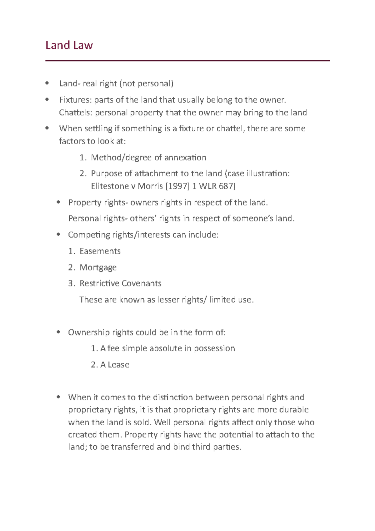 Land Law Notes- semester A - Land Law Land- real right (not personal ...