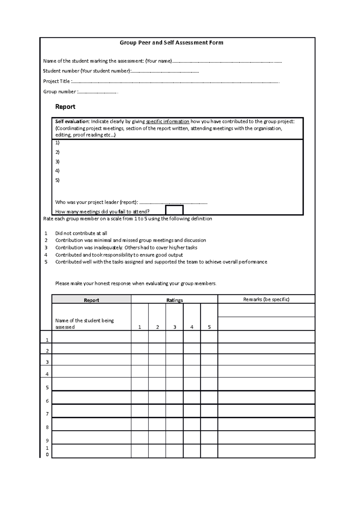 Group Peer and Self Assessment Form - - Studocu