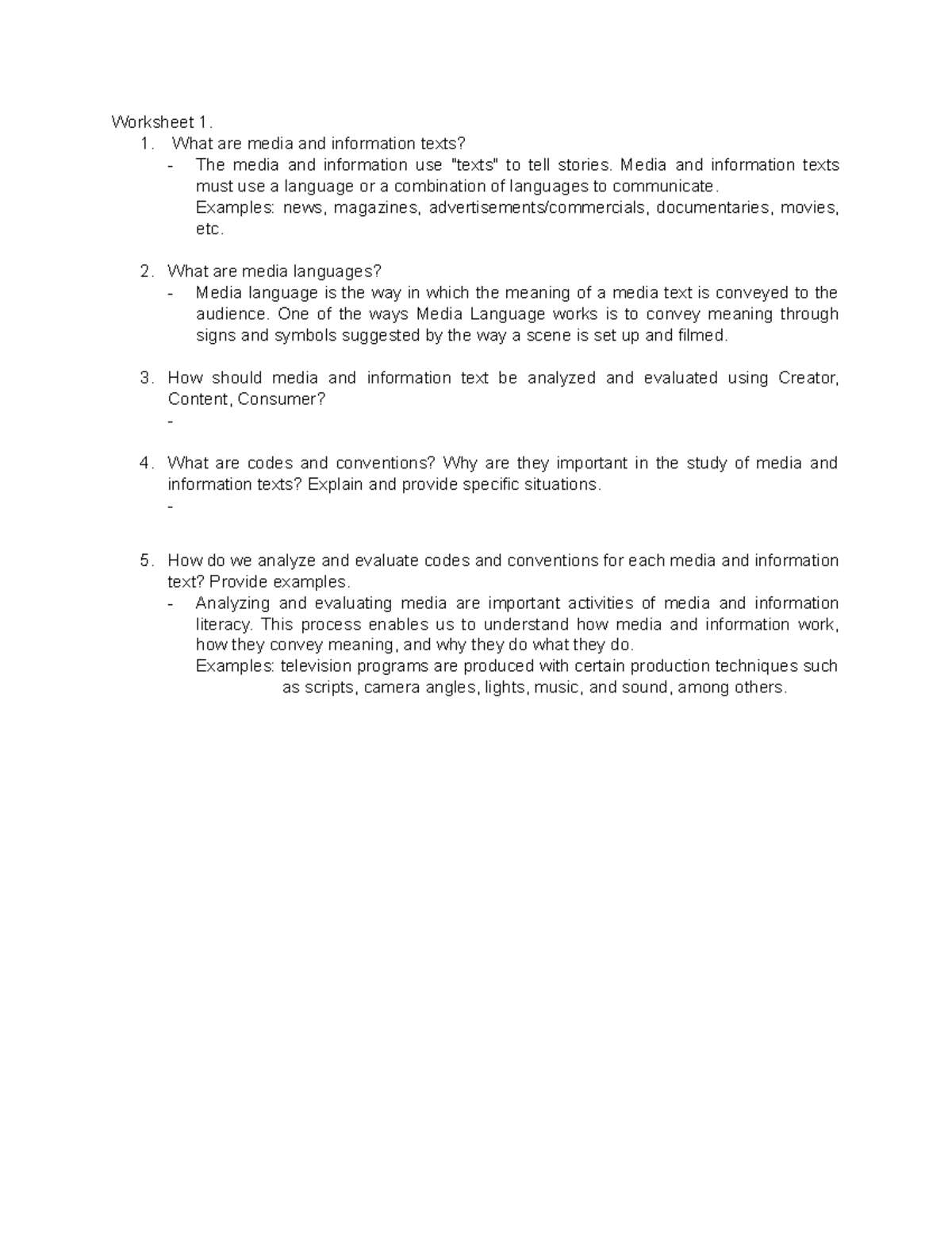 Media and Information Languages - Worksheet with answer that guides you ...