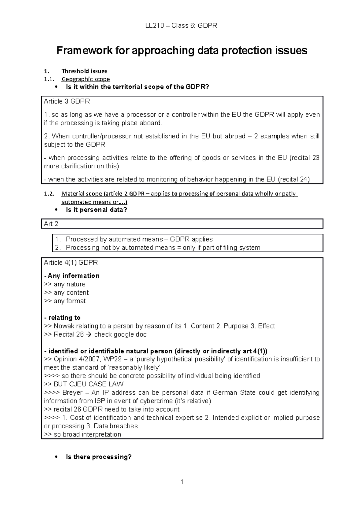 GDPR Worksheet - PROBLEM QUESTION MAP - Framework for approaching data protection issues 1 ...