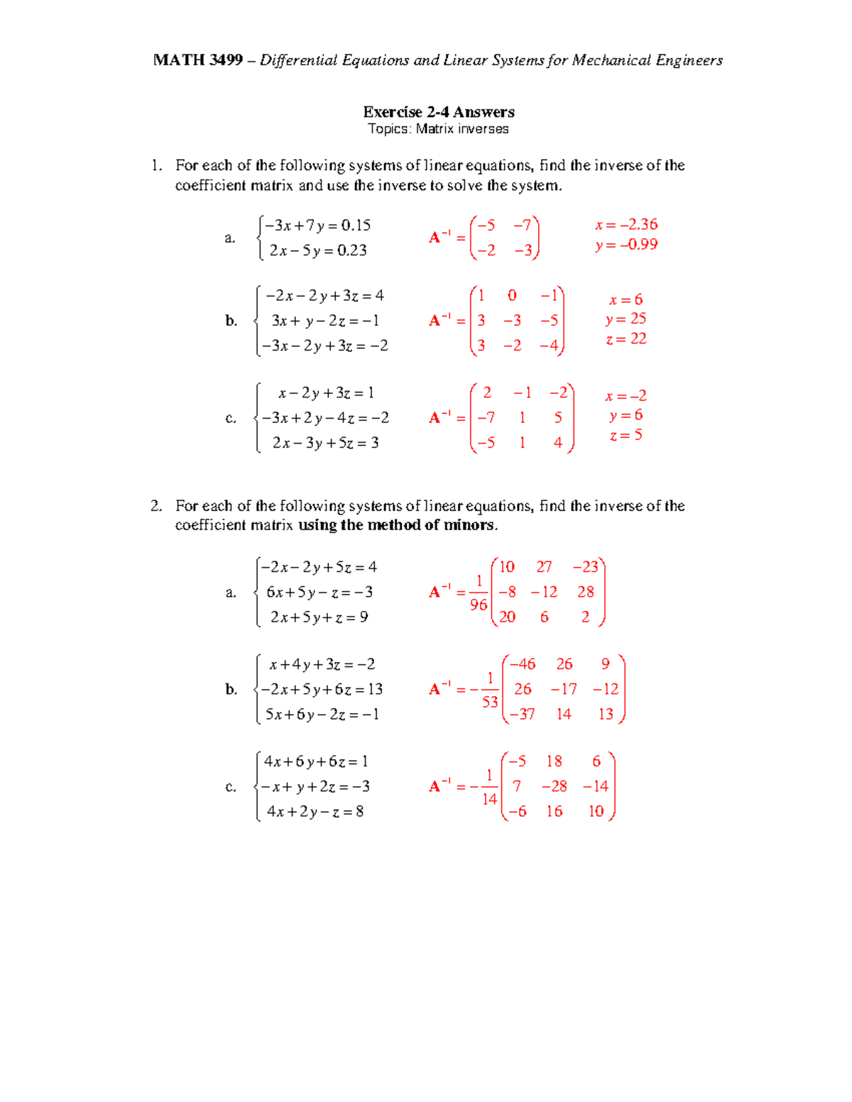 Exercise 2-4 - Answers - MATH 3499 – Differential Equations and Linear ...