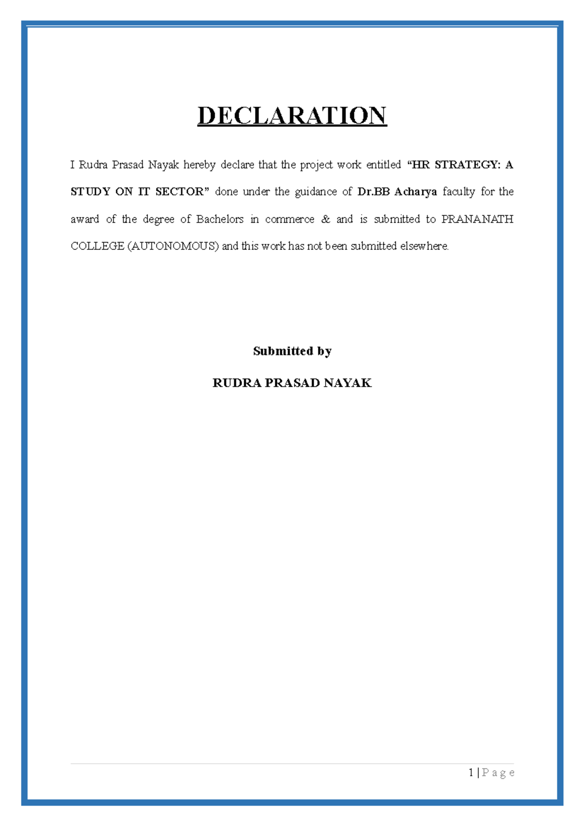 Project Report ON HR Strategy A Study ON IT Sector - DECLARATION I ...