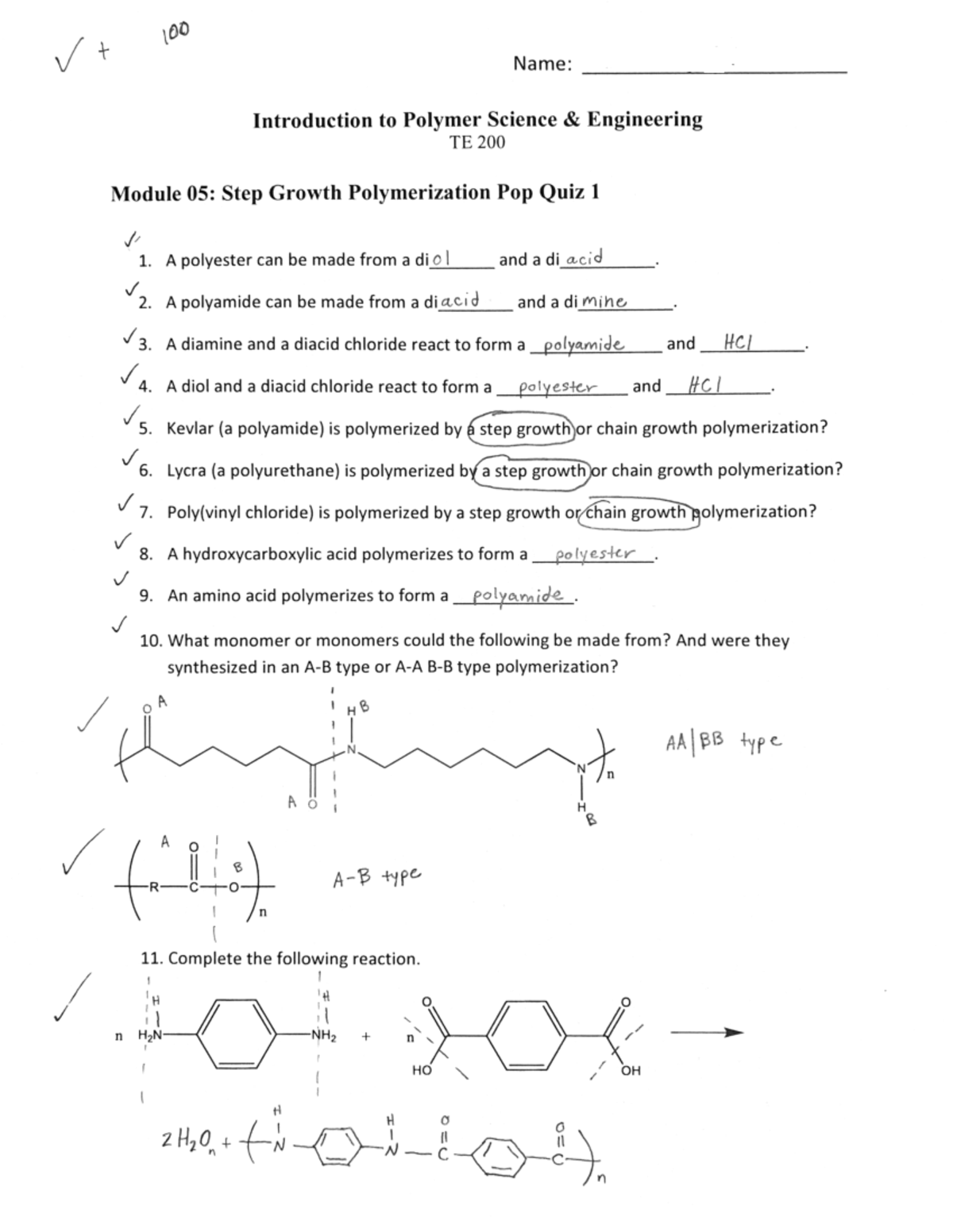TE 200 Polymerization Quiz 2 - TE 200 - Studocu
