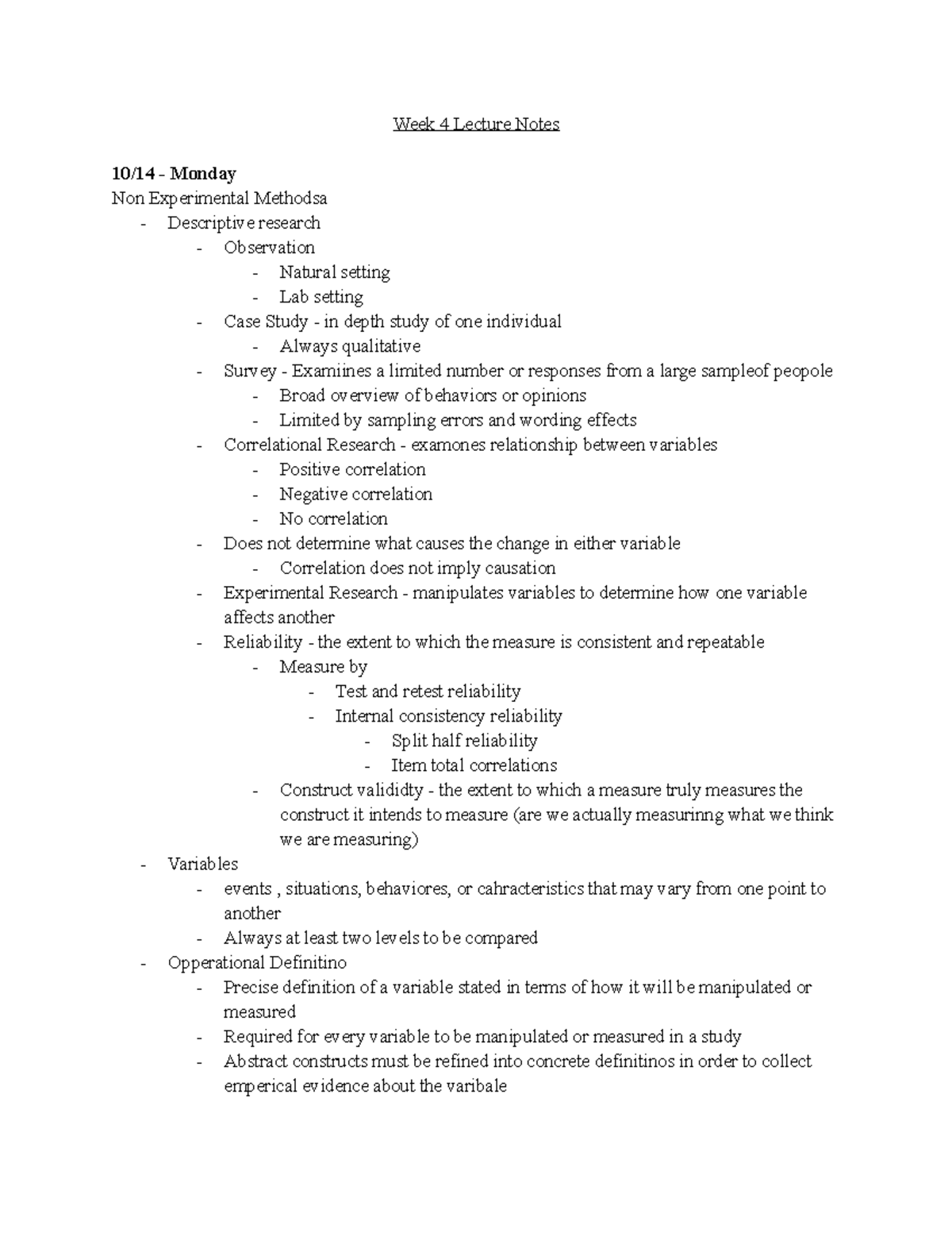 Week 4 Lecture Notes Week 4 Lecture Notes 10 14 Monday Non Experimental Methodsa