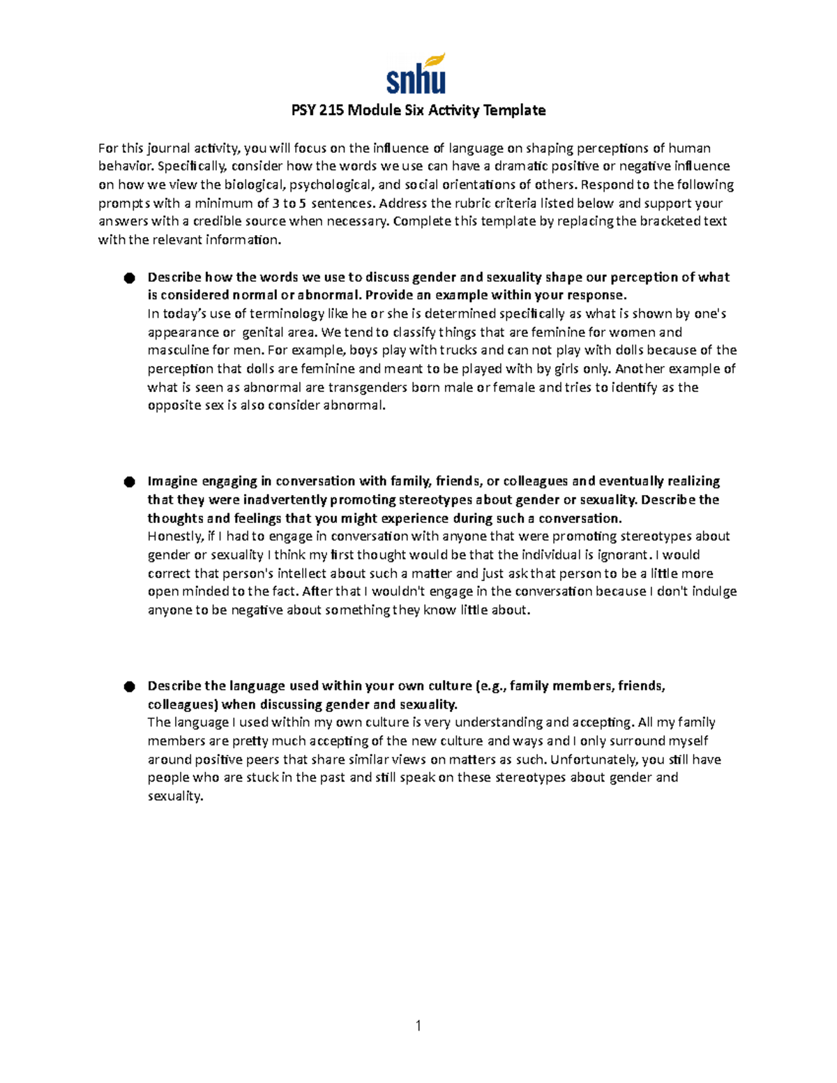 PSY 215 Module Six Activity Template - PSY 215 Module Six Activity ...