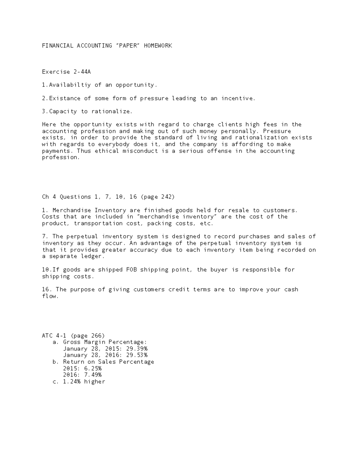 FIN ACC "Paper" HW - Chapter 4 book questions - FINANCIAL ACCOUNTING ...